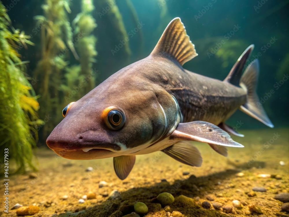 A rare, bottom-dwelling mud shark fish with distinctive brown-gray skin ...
