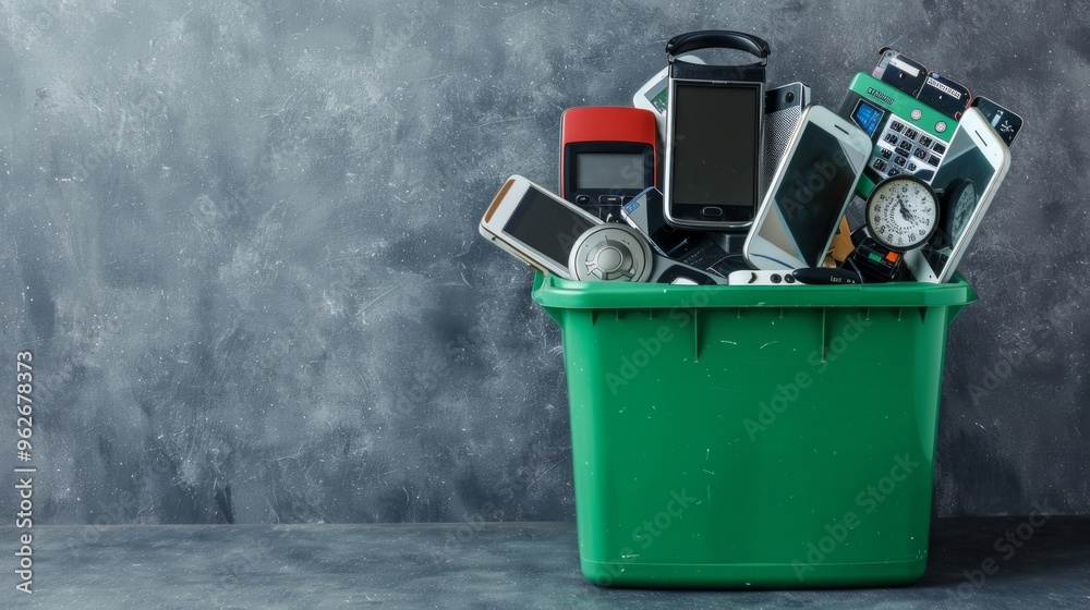 A green waste bin overflowing with old electronic devices. Includes ...