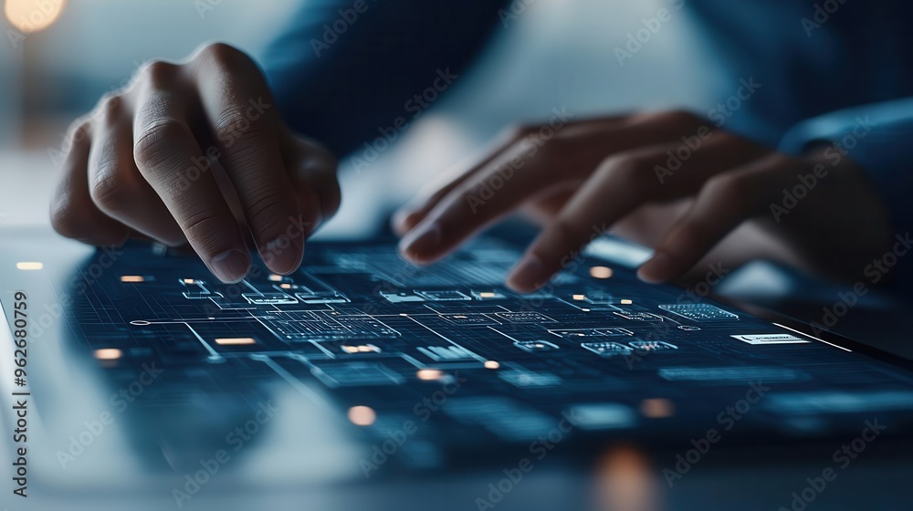Hands interacting with a touchscreen ERP system showing interconnected ...