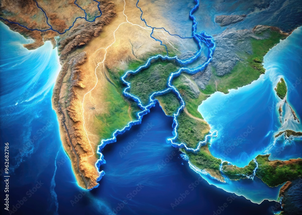 A stunning digital illustration of the Indus River's winding path ...