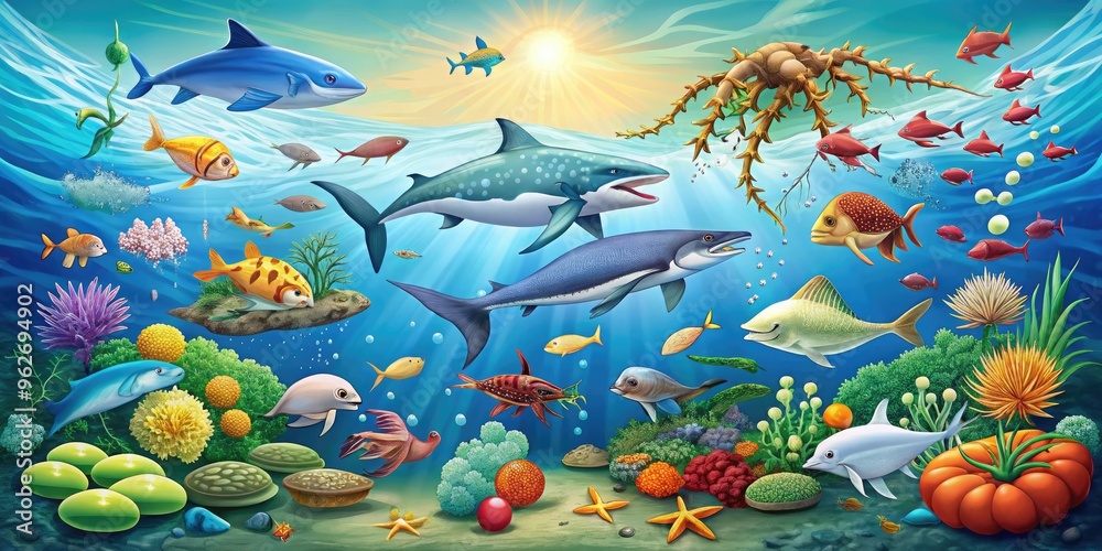 Colorful illustration of a marine food chain, featuring phytoplankton ...