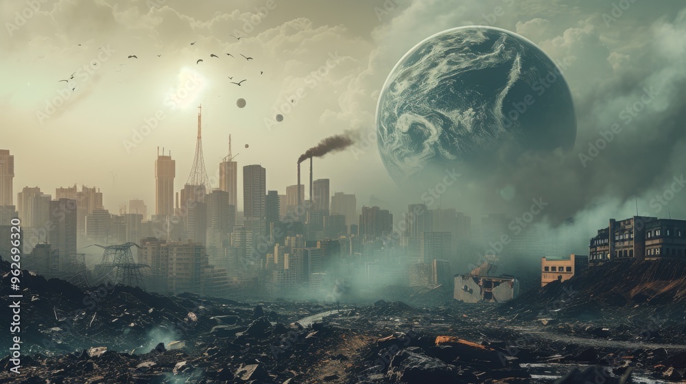 A surreal, dystopian cityscape bathed in a polluted atmosphere ...