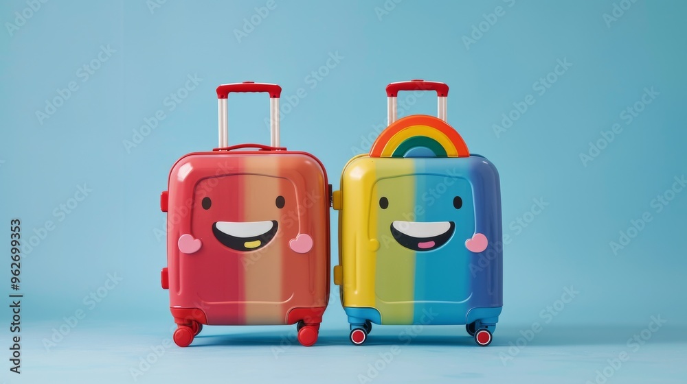 Two colorful suitcases with smiling faces against a blue background ...
