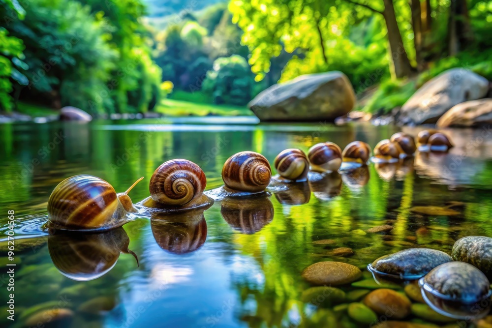 Glassy river water reflects lush greenery as several slender river ...