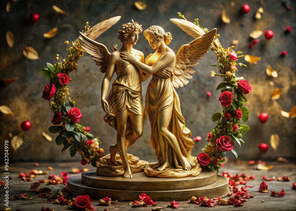 Golden Eros and Psyche figurines surrounded by laurel wreaths, olive ...