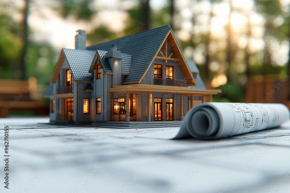 Blueprint designs and a home model for a construction project in real ...