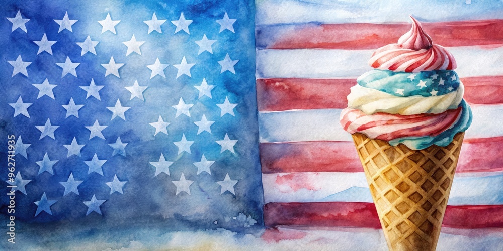 Watercolor painting of an ice cream cone on the Fourth of July ...