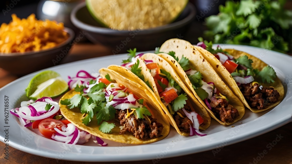 delicious taco with chopped beef meat, cilantro & tomato in corn ...