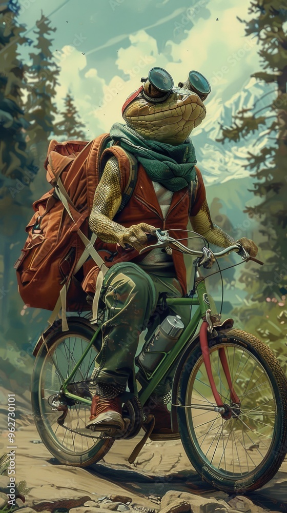 The concept of tourism. Lizard in sunglasses riding a bike with a ...
