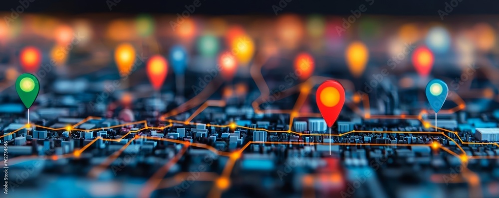 Digital city model with vibrant location pins and network lines ...