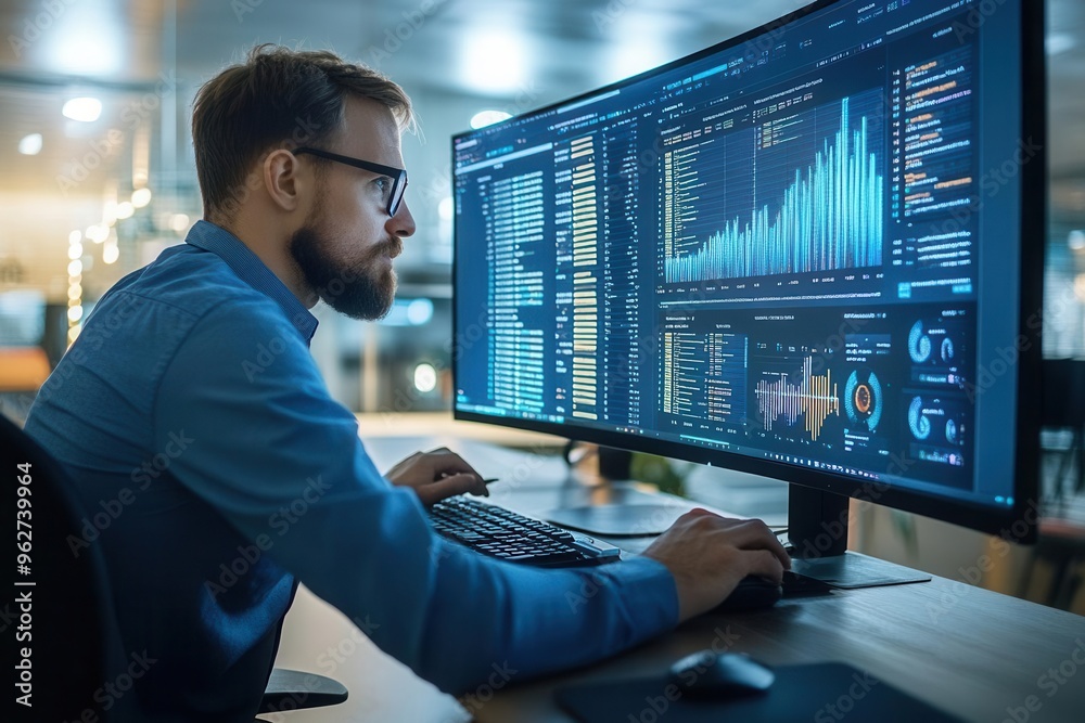 IT manager reviewing system logs on a large desktop screen, system ...