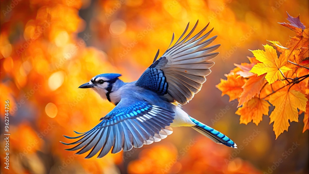 Vibrant blue jay with feathers glistening in sunlight soars through ...