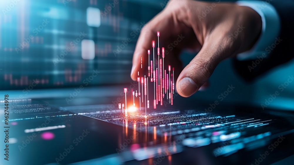 Hand interacting with a digital screen, highlighting a glowing red bar ... Hand interacting with a digital screen, highlighting a glowing red bar ...