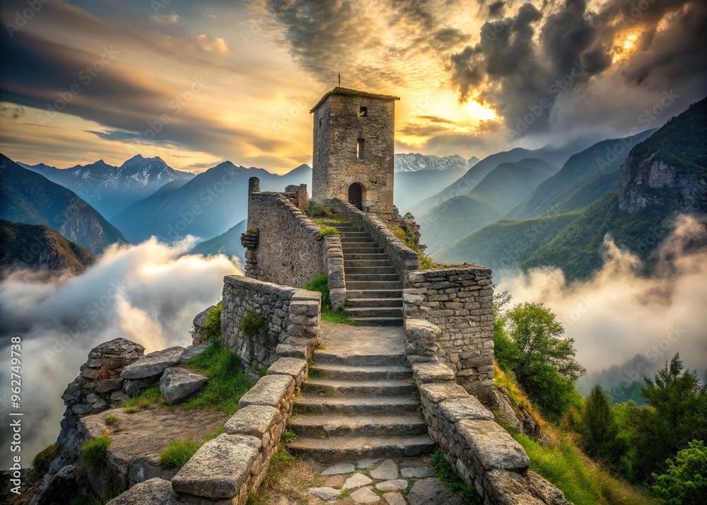 Ancient stone tower stands sentinel against misty mountains, worn steps ...