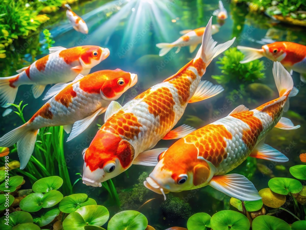 Vibrant orange and white koi fish swim together in harmony, their ...