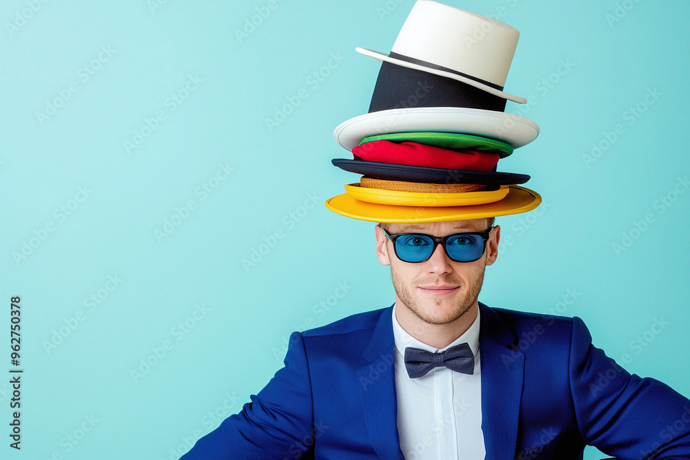 an entrepreneur literally 'wearing many hats', balancing a stack of ...