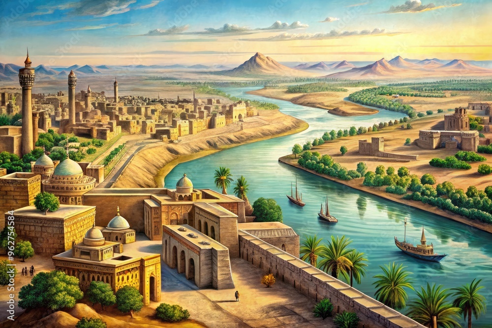 Vintage illustration of the ancient Euphrates River map, winding ...