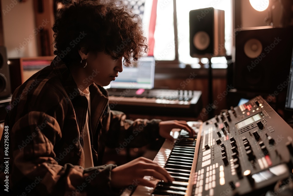 Teenager makes music in home studio. Young man with curly hair plays ...