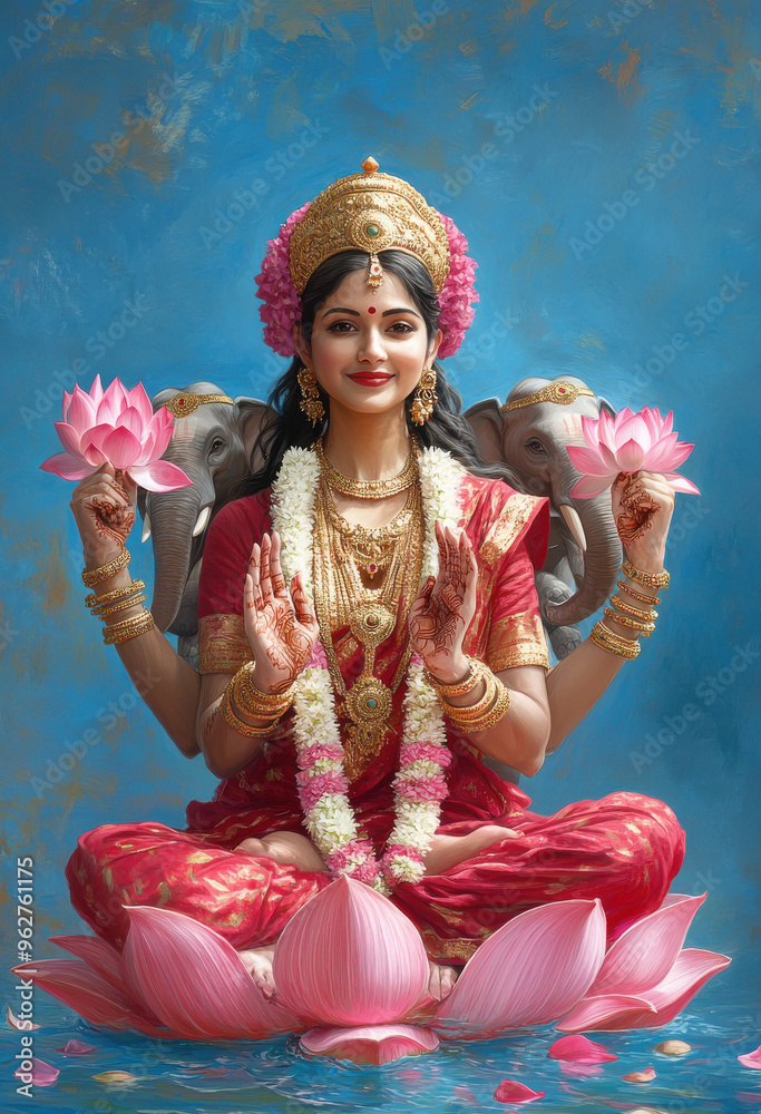 Goddess Devi sitting on a lotus, with four arms and an elephant behind ...