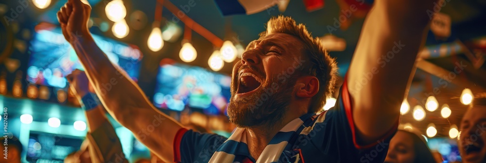 Lively sports bar scene with bearded man holding up two fingers in ...