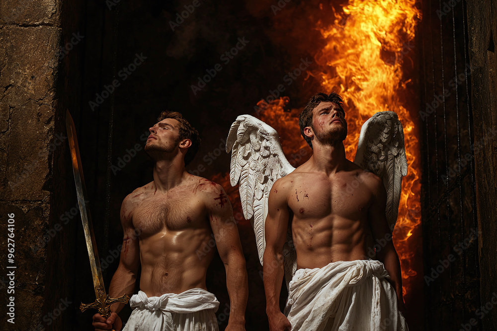 the expulsion from Eden, with Adam and Eve leaving through a gate ...