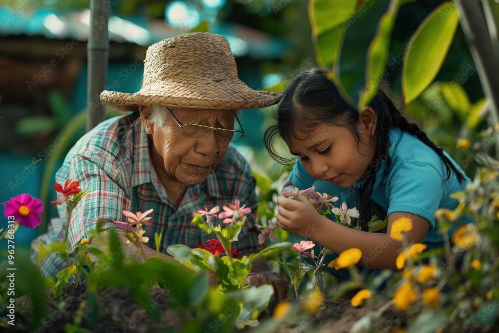 Elderly man and young girl examine pink flower together. Grandfather ...