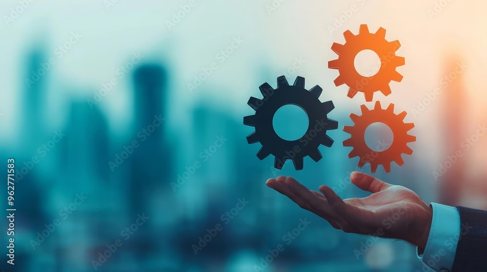 Abstract cogs in a businessman's hand, with a cityscape backdrop ...