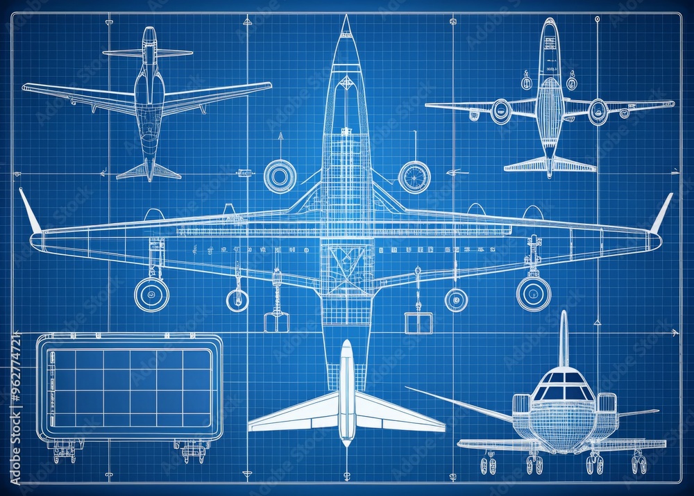 Blueprint For A Modern Aircraft With Specifications, Elevations, And ...