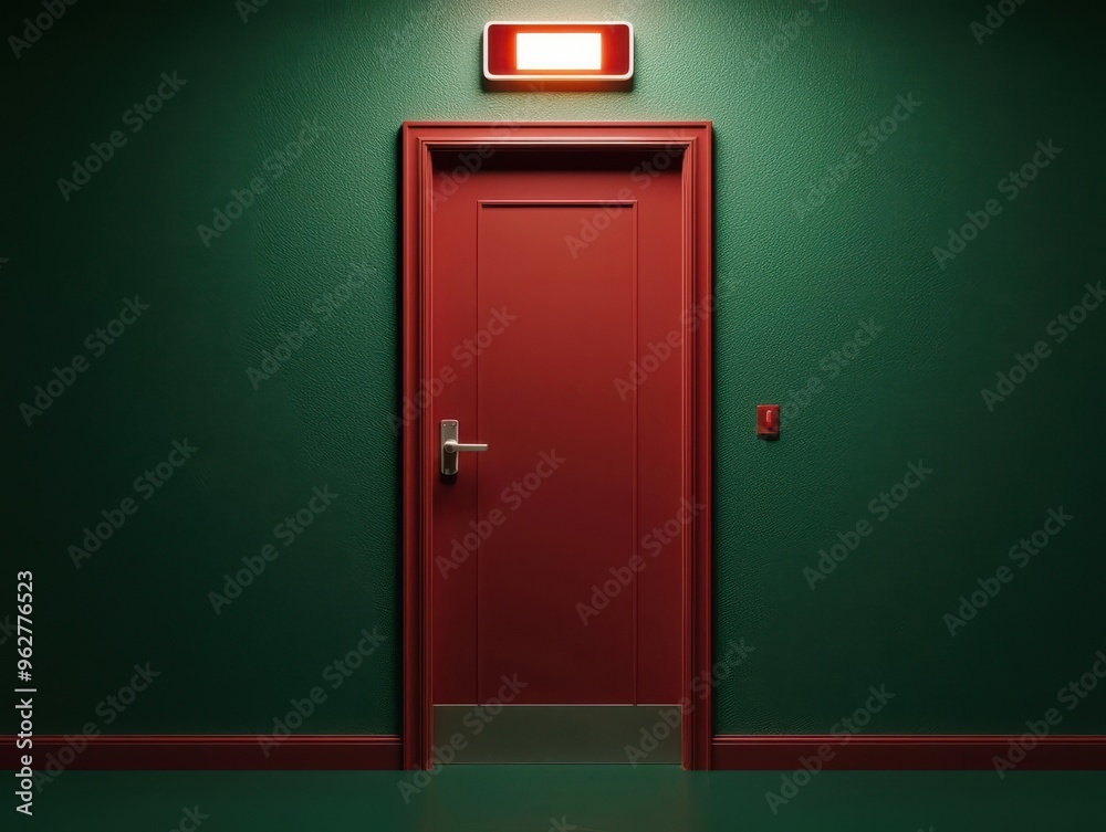 Emergency exit door in a dark theater, glowing sign above, theater ...