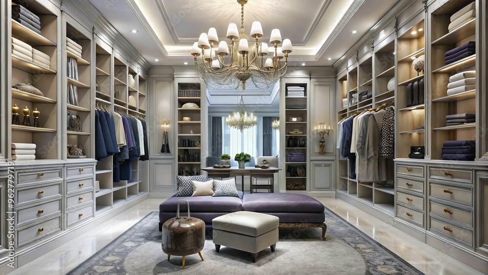 Elegant walk-in closet with marble floors, crystal chandeliers, and ...