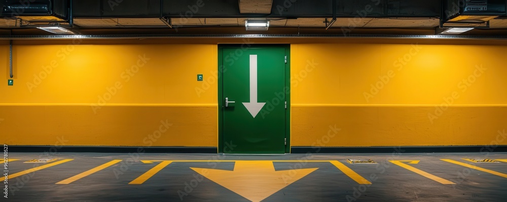 Emergency exit door in an underground parking lot, with a large green ...
