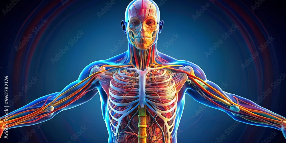 Illuminated 3D illustration of the human body, showcasing intricately ...