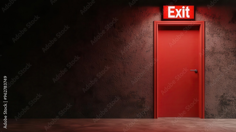 Emergency exit door with bold red "Exit" sign above, lights dimmed ...