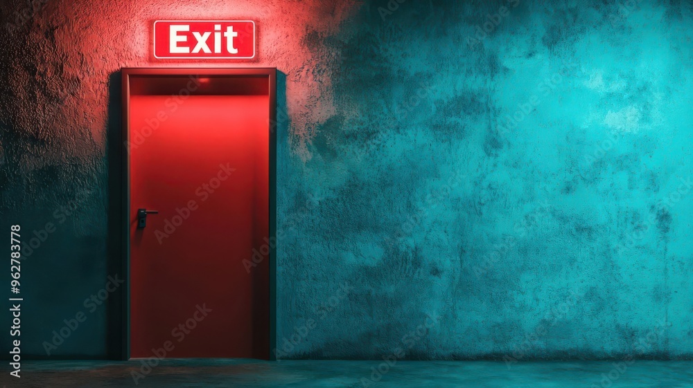 Emergency exit door with bold red "Exit" sign above, lights dimmed ...