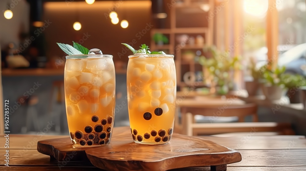 Glass cup of bubble iced tea on wooden table in a cafe setting. The ...