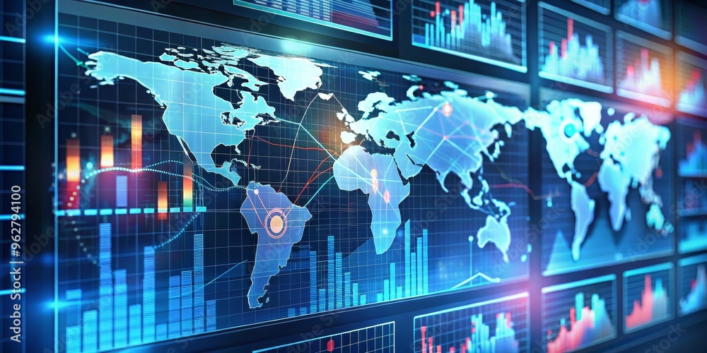 Global Network Data Visualization With World Map And Bar Charts Data