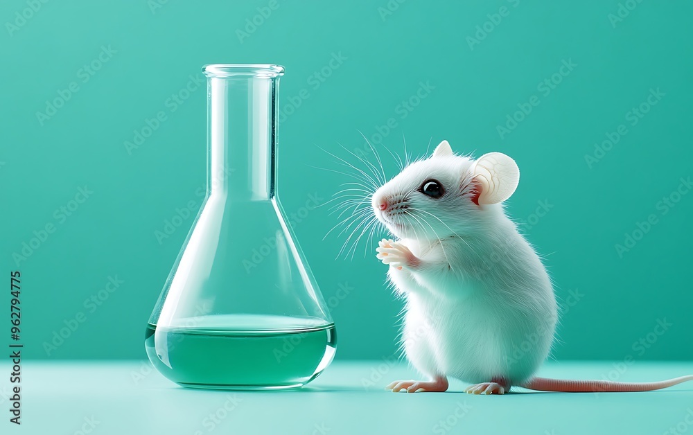 Curious White Mouse in Laboratory Near Green Liquid Beaker with Light ...
