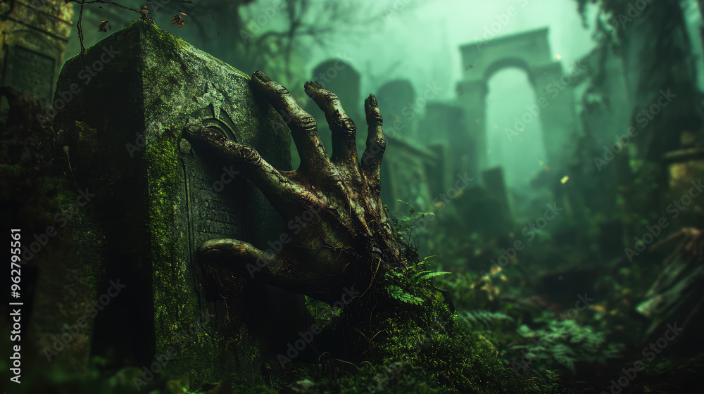 A zombie hand breaking through a moss-covered tombstone, dirt and roots ...