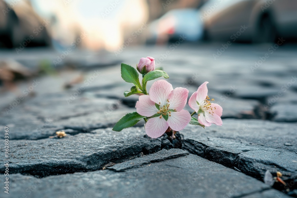 Delicate urban scenery of tiny flowers breaking through cracked ...