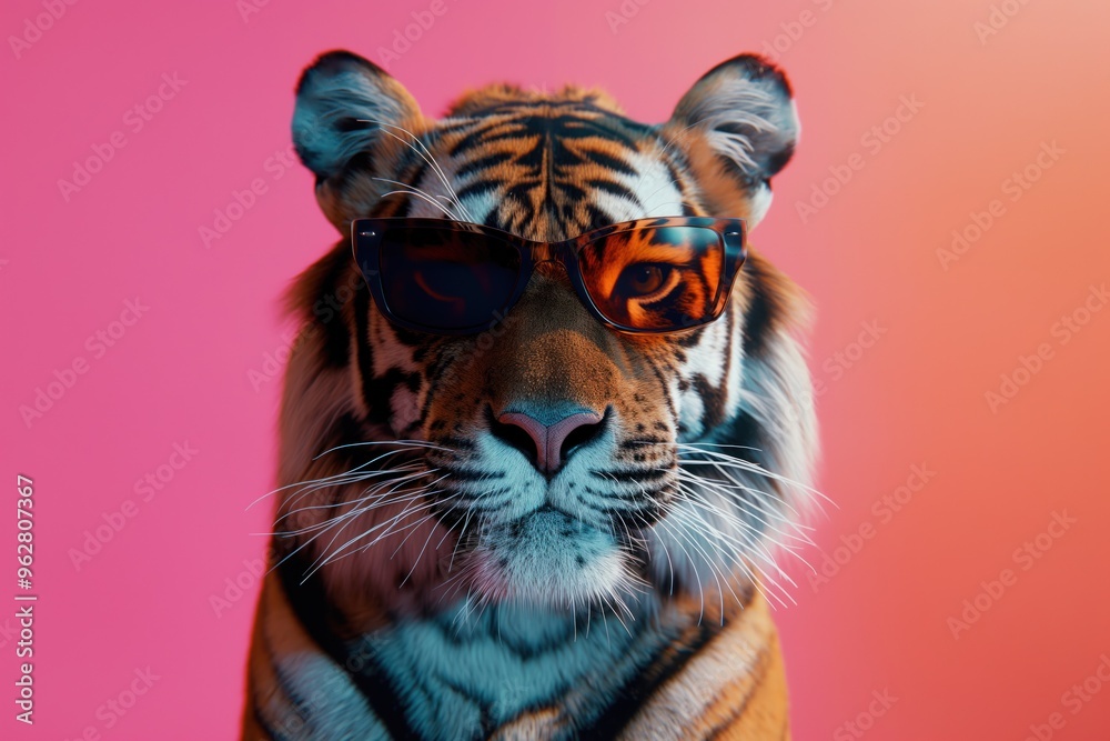 Majestic tiger wearing sunglasses stands on colorful studio background ...