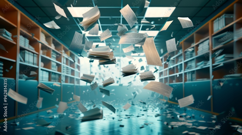 an empty office space filled with floating documents and shattered ...