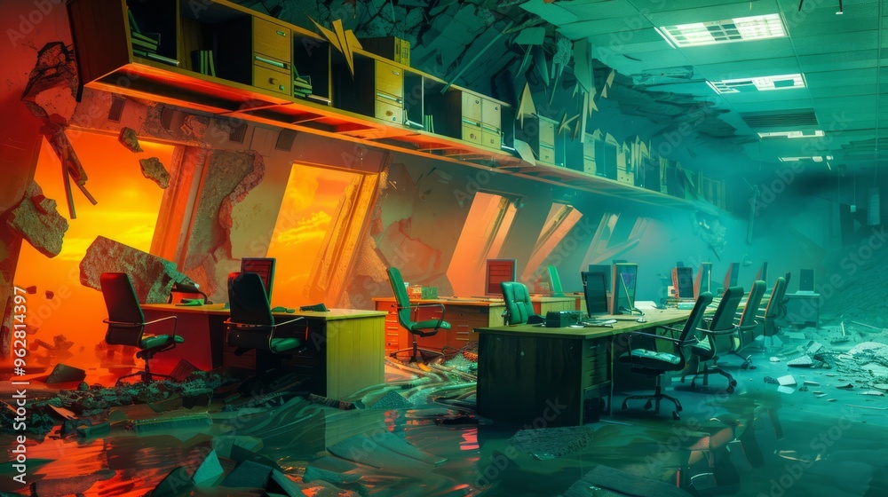 an office building sinking into the ground, warped and twisted ...