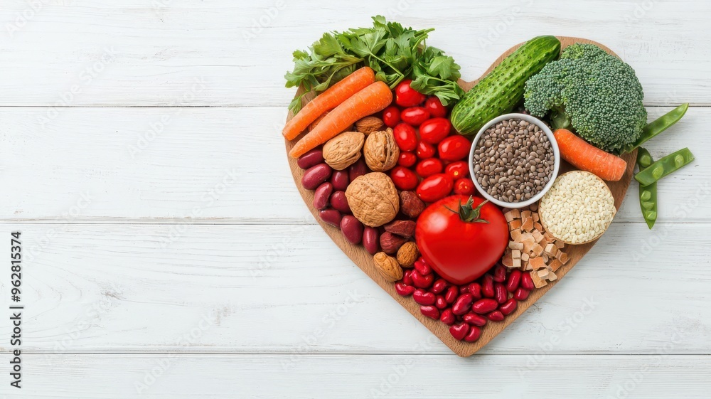 Healthy food items arranged to form a heart, symbolizing diet control ...