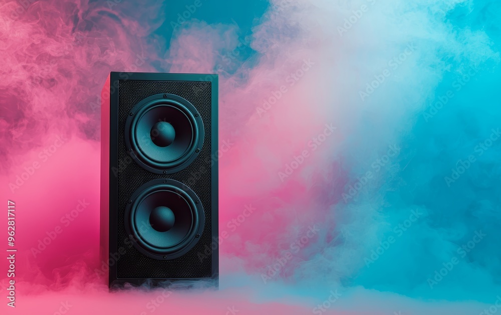 Speakers in a neon-lit environment, vibrant colors and soft smoke ...
