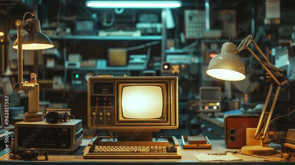 Dimly lit workshop featuring a vintage computer with a CRT monitor ...