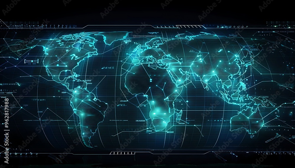 Global Network Connectivity: A futuristic digital map of the world, illuminated by intricate ...