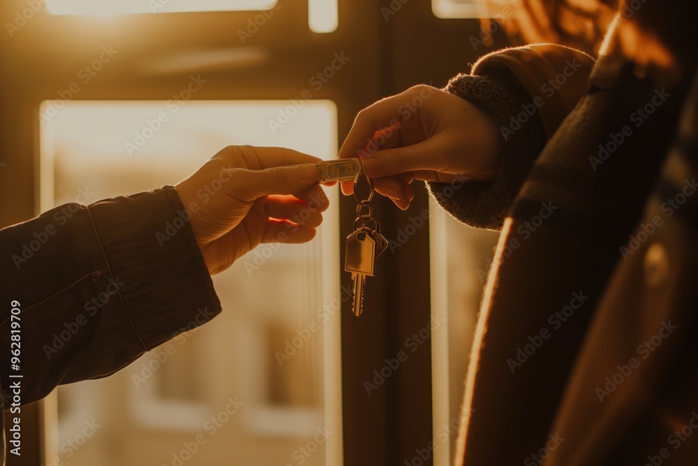 Renters receive keys from landlord at cozy apartment. Hands exchange ...
