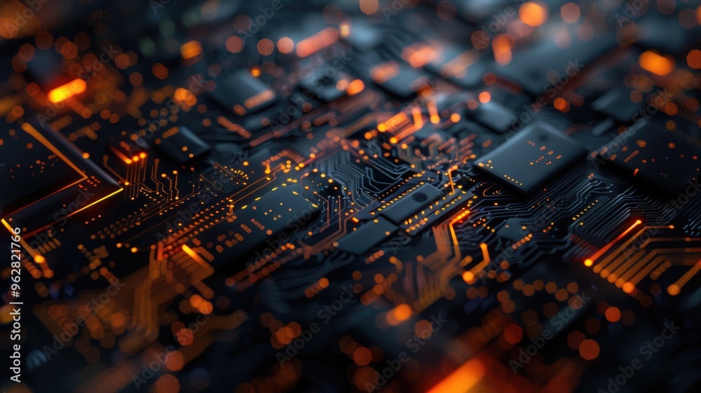 Glowing orange circuit board with detailed lines and patterns on a dark ...