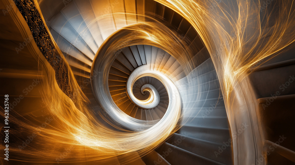 Hypnotic spiral staircase with flowing golden light trails, creating a ...