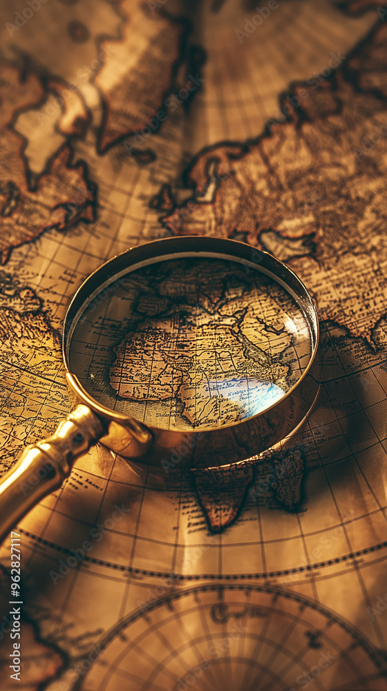 Wooden table with world map and magnifying glass focusing on a specific ...